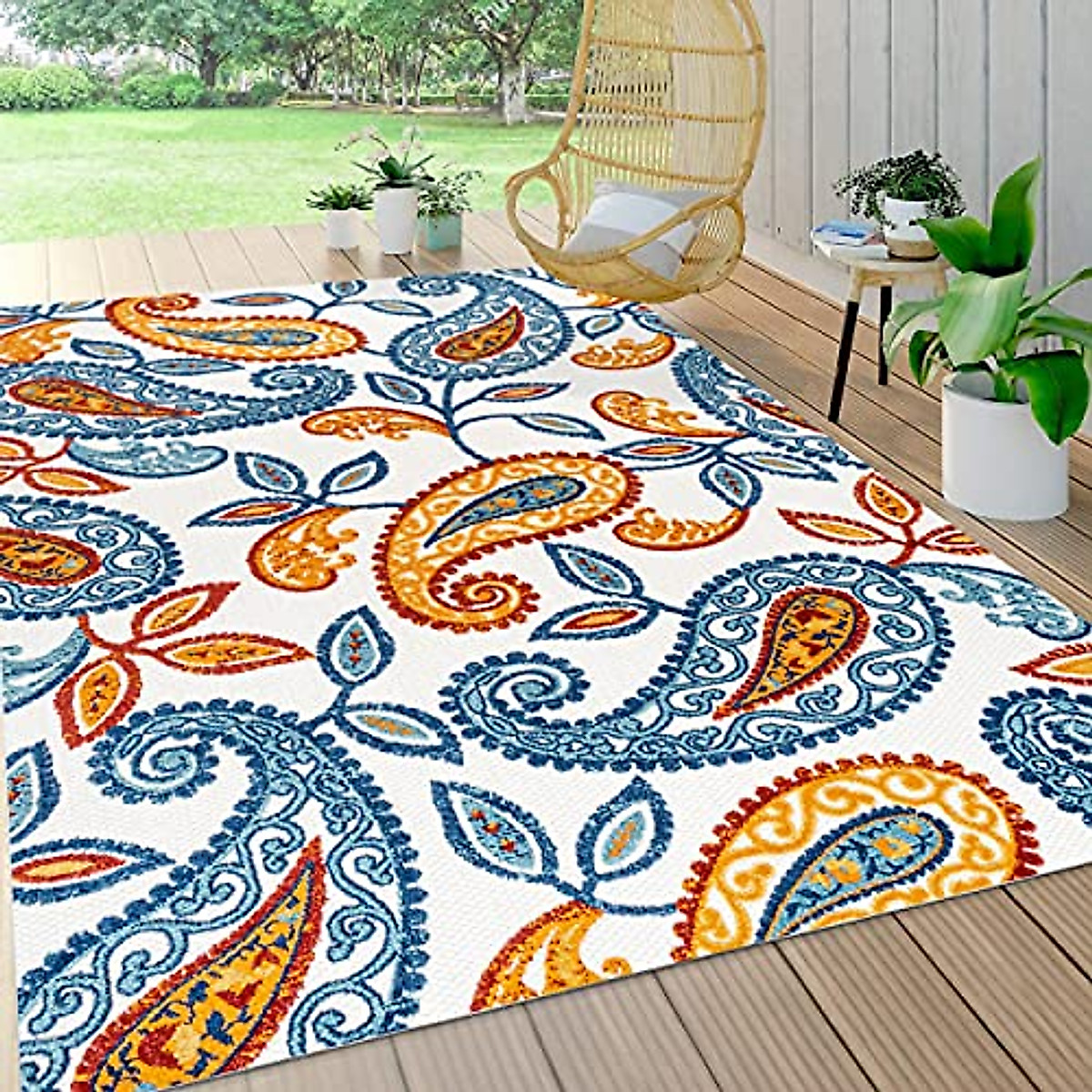JONATHAN Y AMC102B-5 Julien Paisley High-Low Indoor Outdoor Area-Rug Bohemian Floral Easy-Cleaning High Traffic Bedroom Kitchen Backyard Patio Porch Non Shedding, 5 X 8, Orange/Blue