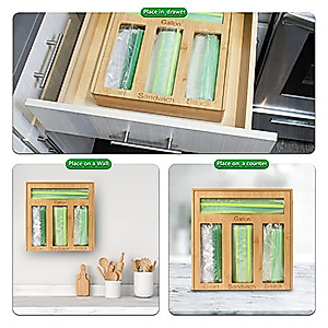 Hencoz Bamboo Ziplock Bag Organizer for drawer - Fits Gallon, Quart, Sandwich & Snack ziploc bags storage box with 4 compartments Suitable any brand Great kitchen organization (Hen001)