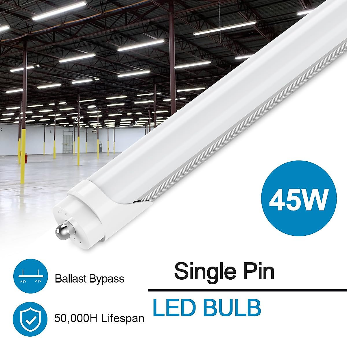 CNSUNWAY 8FT LED Bulbs, 45W 5400LM Super Bright, 5000K Daylight, T8 T10 T12 LED Tube Lights, FA8 Single Pin LED Lights, Frosted Cover, Ballast Bypass, Fluorescent Light Bulbs Replacement (25 Pack)