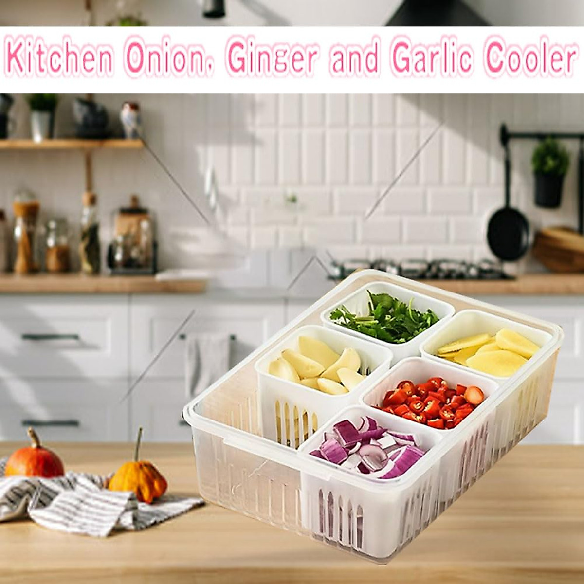 Rxsdeni Salad Bar Containers for Fridge,Reusable Kitchen Scallion Storage Box,Fresh Keep Container,Clear Berry Containers with Removable Dividers,for Ginger Scallion Fruit Lettuce Vegetables Meat