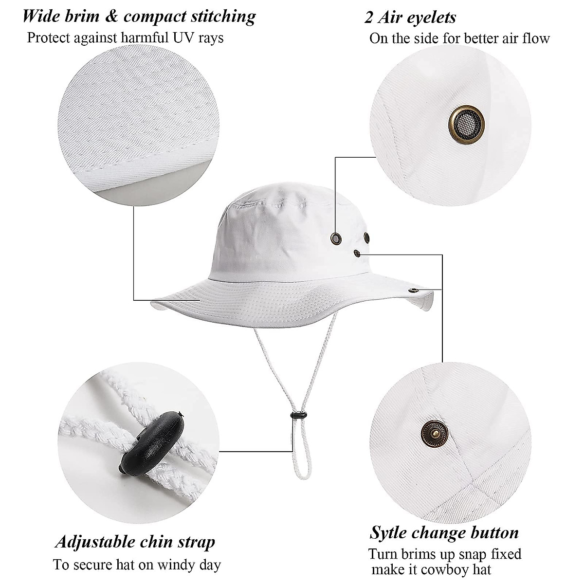 Men and Women Fishing Hat and Safari Cap Wide Brim Boonie Hat Bucket Hats with Sun Protection for Big Head XL White