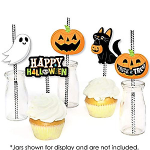 Big Dot of Happiness Jack-O'-Lantern Halloween - Paper Straw Decor - Kids Halloween Party Striped Decorative Straws - Set of 24