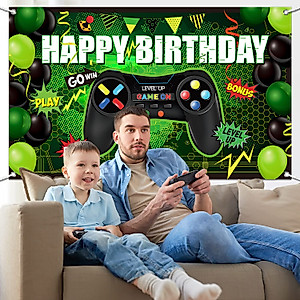 Video Game Happy Birthday Backdrop Game on Birthday Party Backdrop Banner Level up Gaming Theme Party Background Photo Props for Video Game Party Wall Decorations Supplies (Green)