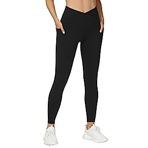 THE GYM PEOPLE Women's V Cross Waist Workout Leggings Tummy Control Running Yoga Pants with Pockets(Black, Medium)