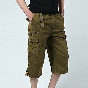 Men's Relaxed Fit 3/4 Cargo Shorts Twill Elastic Waist Multi Pocket Capri Pants Casual Loose Fit Below Knee Short (Yellow,Large)