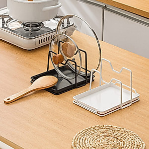 Poeland Pot Lid Holder, 2 Layers Pot Lid Organizer Multifunctional Lid and Spoon Rest Rack with Drip Tray for Pot Lids, Spatulas, Spoons, Cutting Boards