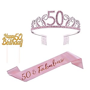 50th Birthday Cake Topper, 50th Sash Satin 50 & Fabulous Sash and Pink Rhinestone 50th Tiara for 50th Birthday Decorations and Party Supplies