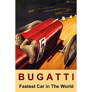 WONDERFULITEMS RED Bugatti Fastest CAR in The World Italian Racing Race Large Vintage Poster REPRO ON Canvas