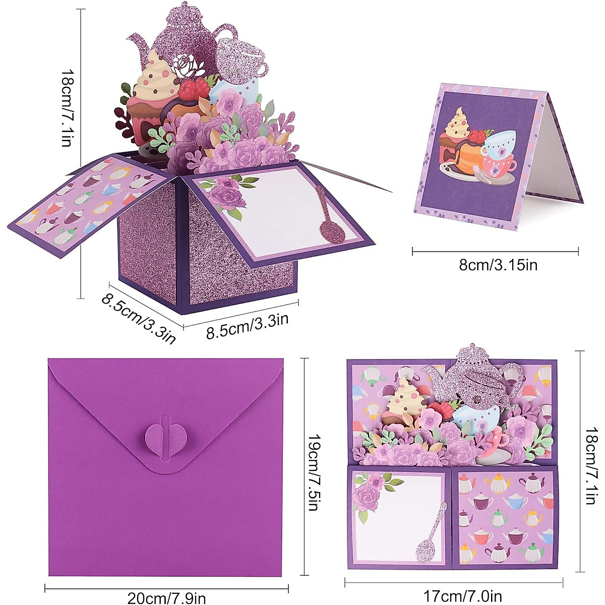 Giiffu Mothers Day Card, Tea Theme, Tea Time 3D Pop Up Card, 3D Flower Pop Up Greeting Card with Note Card and Envelopes, for Mothers Day, Birthday, Tea Party (Purple)