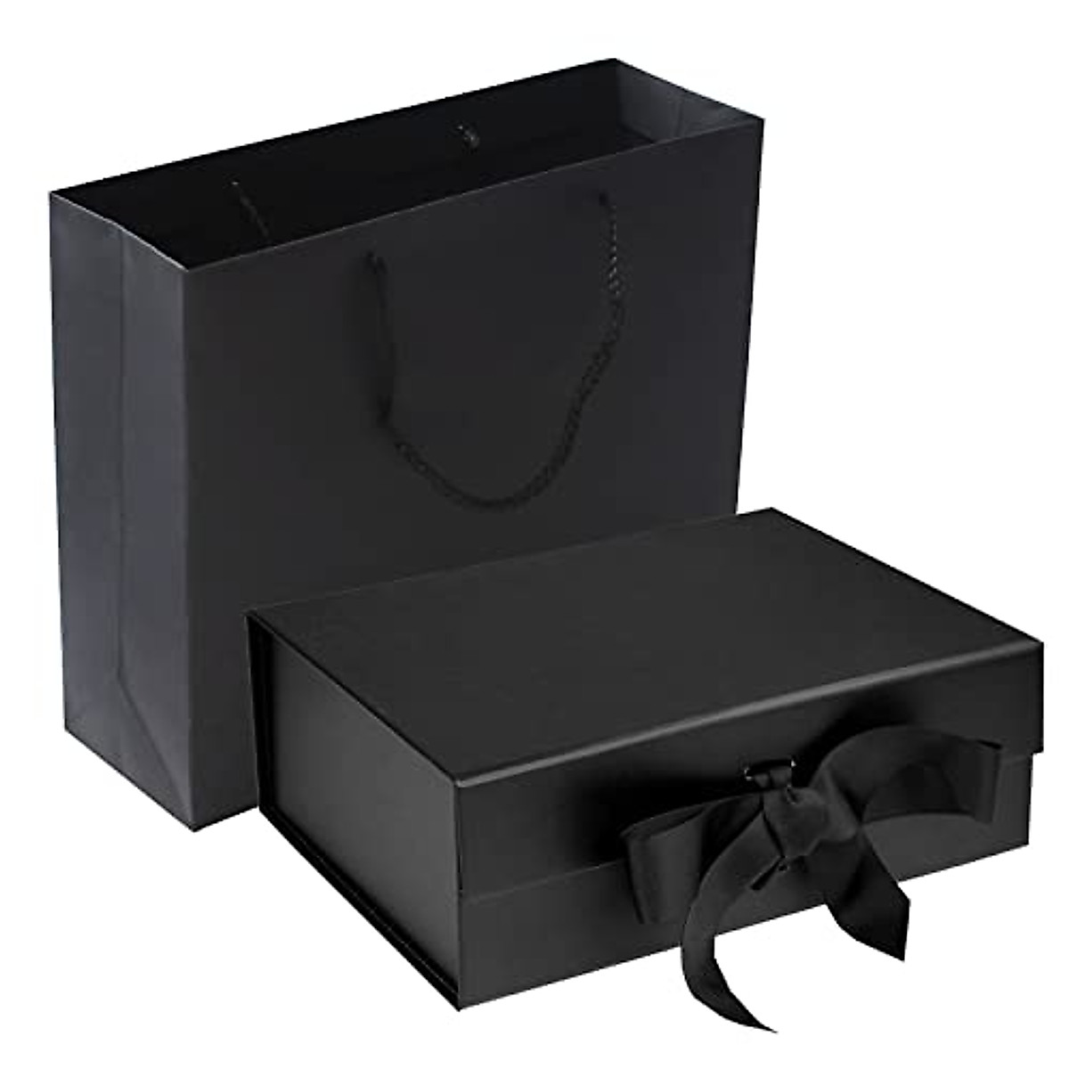 Black Luxury Magnetic Gift Box with Lid, Ribbons and Gift Bag, Medium Size-9.4x7x3 Inches, Great for Business, Christmas, New Year, Wedding, Birthdays, Groomsman, Husband, Presents Display and Packging