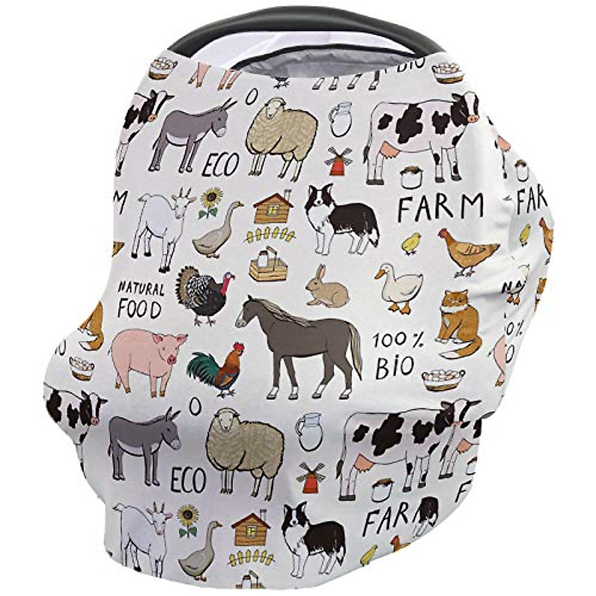 Framhouse Cartoon Animals Baby Nursing Cover for Breastfeeding, Breathable Stretchy Nursing Scarf Carseat Canopy for Boys or Girls Stroller Car Seat Covers Farm Animal