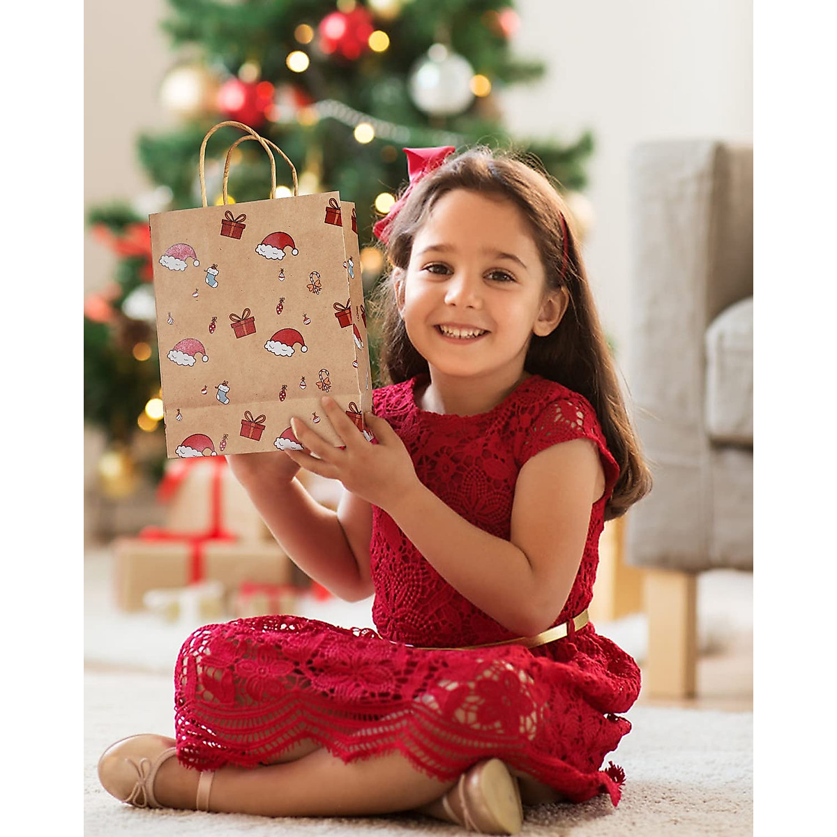 24-Pack Christmas Gift Bags, 6 Designs Christmas Kraft Paper Bags, 8.26x5.9x3.14 Inches with Handles Xmas Gift Bags, Suitable for Holiday Kraft Paper Gift Bags, Christmas Gift Bags, Party Gift Bags