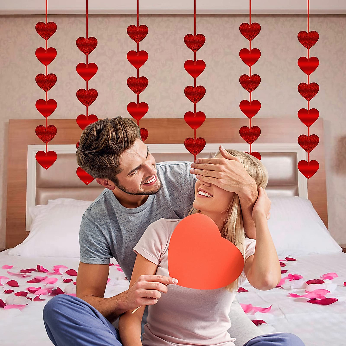 Heart Garland for Valentines Day Decor - 12 Packs Red Glitter Hanging String Hearts - NO DIY - Valentines Day Banner Decorations for Home Mantle Office Wedding Anniversary Birthday Party Supplies