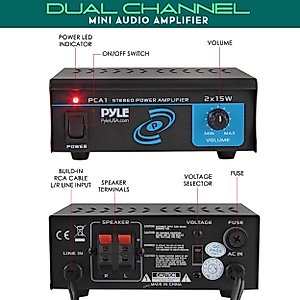 Pyle Home Compact Mini Stereo Power Amplifier-2x15 Watt Portable Dual Channel Home Audio Speaker Receiver Box w/ RCA Cable L/R Input For CD Player, Tuner, MP3, For Amplified Speakers Sound System PCA1