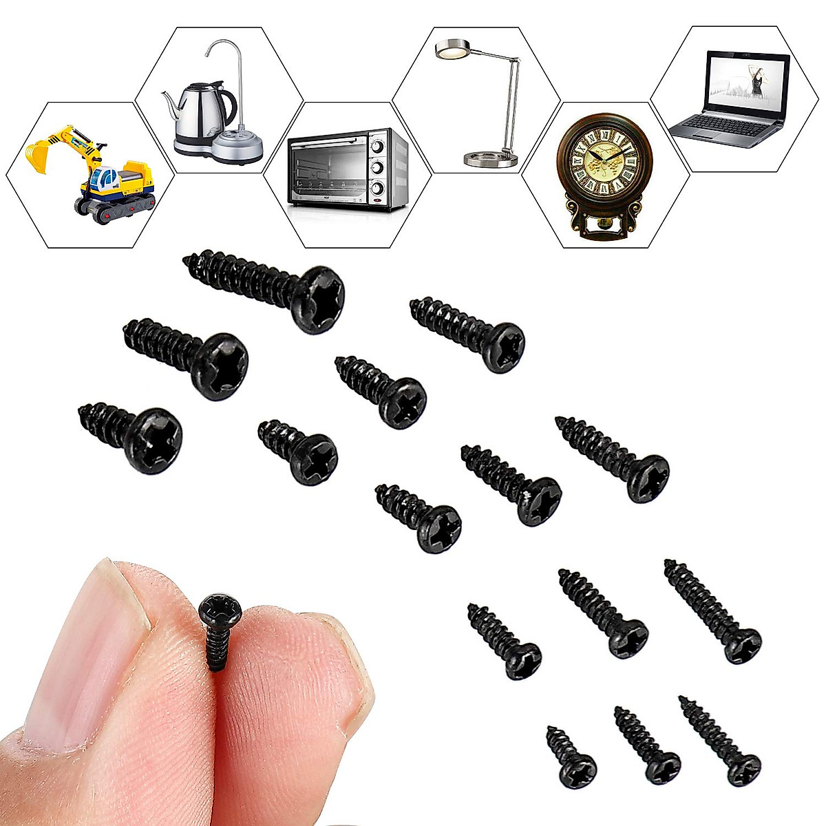 HanTof 750pcs Black Tiny Screws for Electronics, M1, M1.2, M1.4, M1.5, M1.7 Very Small Phillips Pan Head Self Tapping Screws, Micro Wood Screws, Mini Electronic Screws Assortment Kit-Carbon Steel