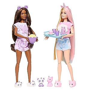 Barbie Cutie Reveal Gift Set with 2 Dolls &amp; 2 Pets, Cozy Cute Tees Slumber Party with 35+ Surprises, Color Change &amp; Costume Sleeping Bags