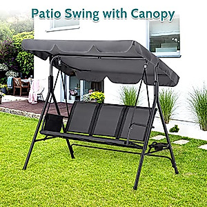 Outdoor Patio Canopy Swing,Porch Swing Chair with Stand,Textilene Fabric,3 Person All Weather Resistant Swing Bench for Garden,Backyard,Balcony,Poolside (Deep Grey)