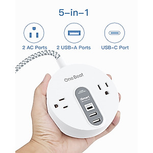 Power Strip Surge Protector with USB C - Extension Cord Flat Plug with 2 Widely AC Outlet and 3 USB, Small Desktop Charging Station with 5 ft Power Cord, Compact for Travel, Home and Office (490J)