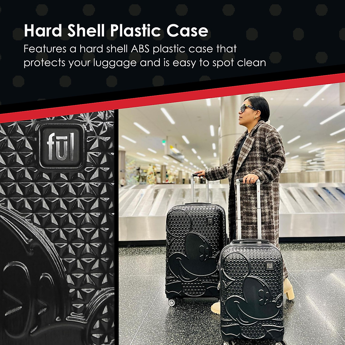 FUL Disney Mickey Mouse Rolling Luggage, Hardside Suitcase with Spinner Wheels, Black, 29 Inch