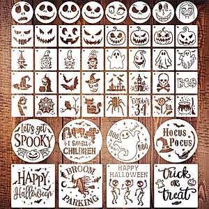48 PCS Halloween Stencils Reusable, Ghost Bat Witch Spider Pumpkin Stencils for Painting on Wood DIY Crafts Ornaments Wood Slice Halloween Decoration