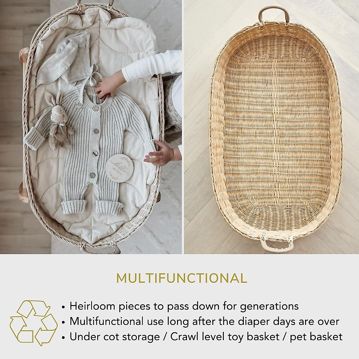 BEBE BASK Premium Baby Changing Basket - Artisan-Crafted Rattan with Extra High Sides - Wicker Changing Basket for Baby Dresser - All Accessories Included - Complete Set for Nursery (Rattan)