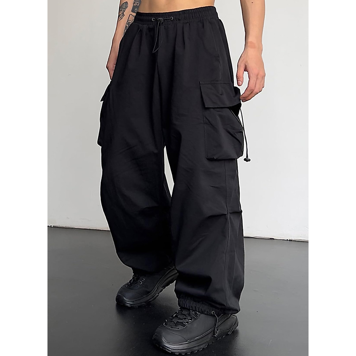 JMIERR Men's Casual Parachute Pants Wide Leg Trousers Beam Feet Harem Baggy Cargo Pants for Trendy Street Wear,US 36(L),Black