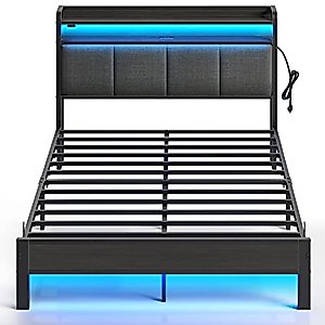 Rolanstar Bed Frame Full Size with Charging Station and LED Lights, Upholstered Headboard with Storage Shelves, Heavy Duty Metal Slats, No Box Spring Needed, Noise Free, Easy Assembly, Dark Grey
