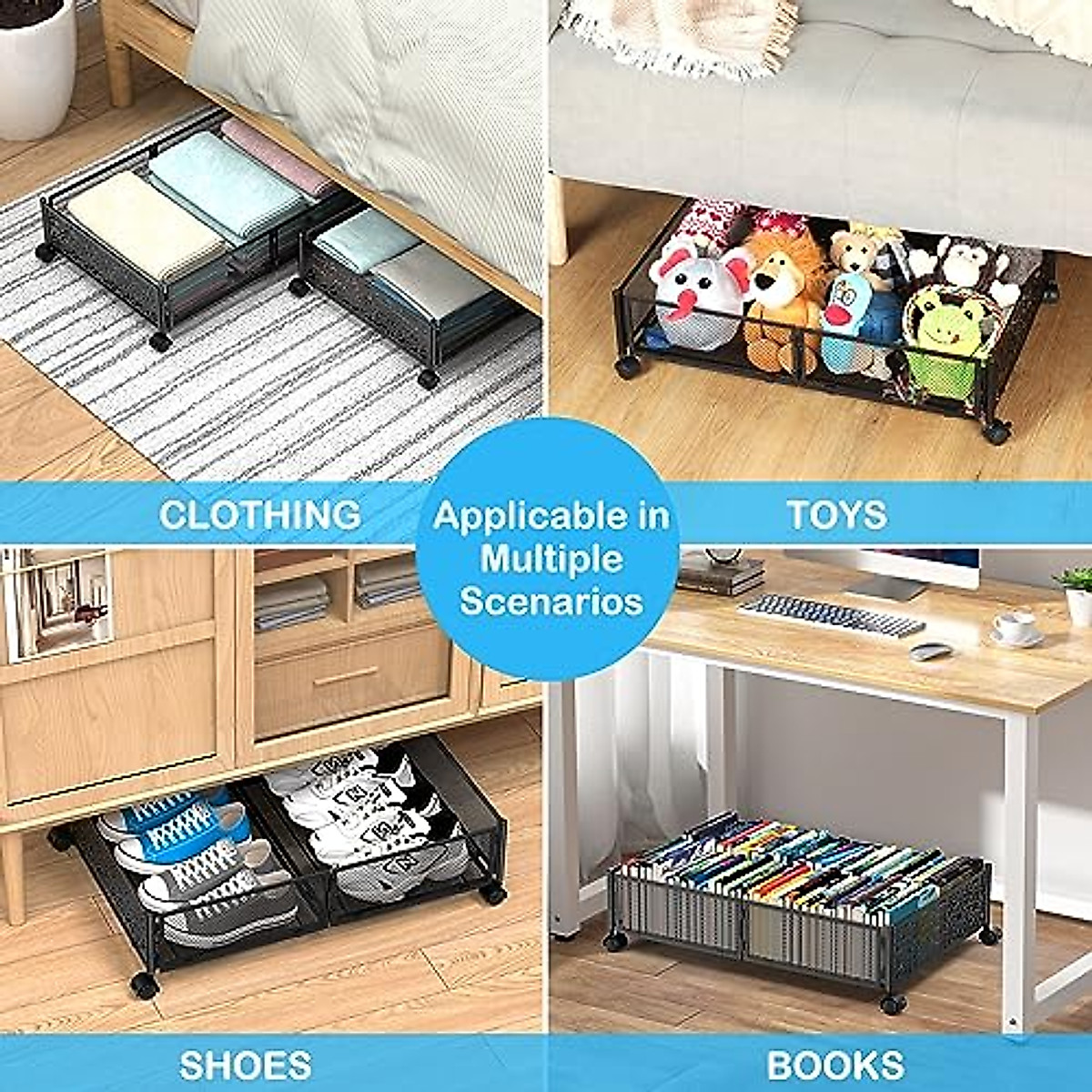IVMAIE 2 Pack Metal Under Bed Storage with Wheels, Foldable Underbed Shoe Storage Organizer Containers, Tool-Free Assembly Under Bed Rolling Storage Drawer Cart for Bedroom, Clothes, Toys