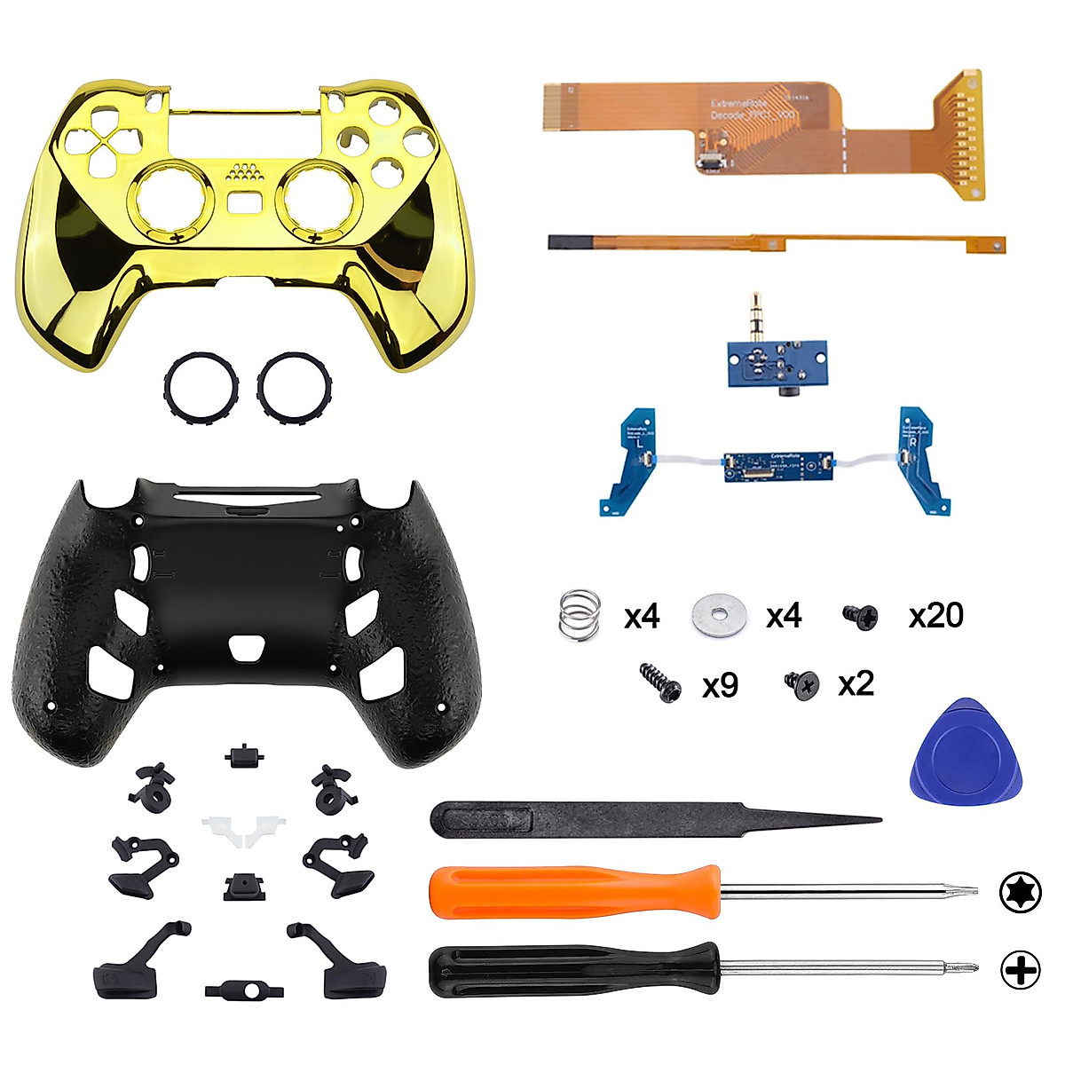 eXtremeRate Chrome Gold Decade Tournament Controller (DTC) Upgrade Kit for PS4 Controller JDM-040/050/055, Upgrade Board & Ergonomic Shell & Back Buttons & Trigger Stops - Controller NOT Included