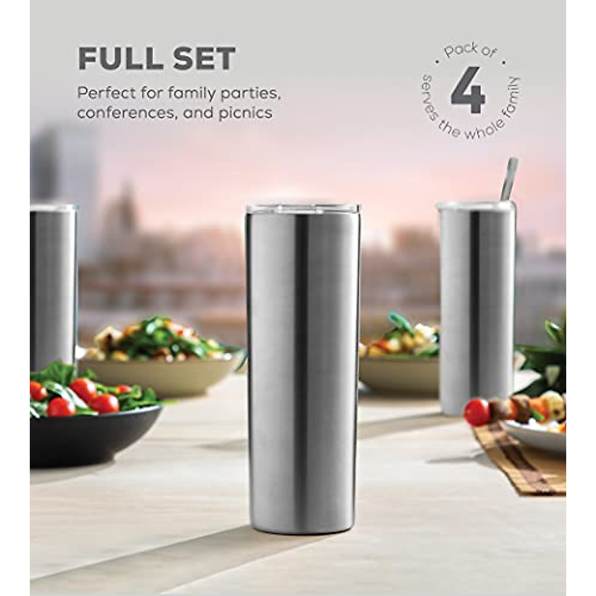 Insulated Skinny Stainless Steel Tumbler Set - 4-Pack 20oz Coffee Tumbler with Straw - Travel Coffee Mug With PBA Free Lids - Slim Vacuum Insulated Tumblers Keep Hot and Cold - Great for Home, Office.