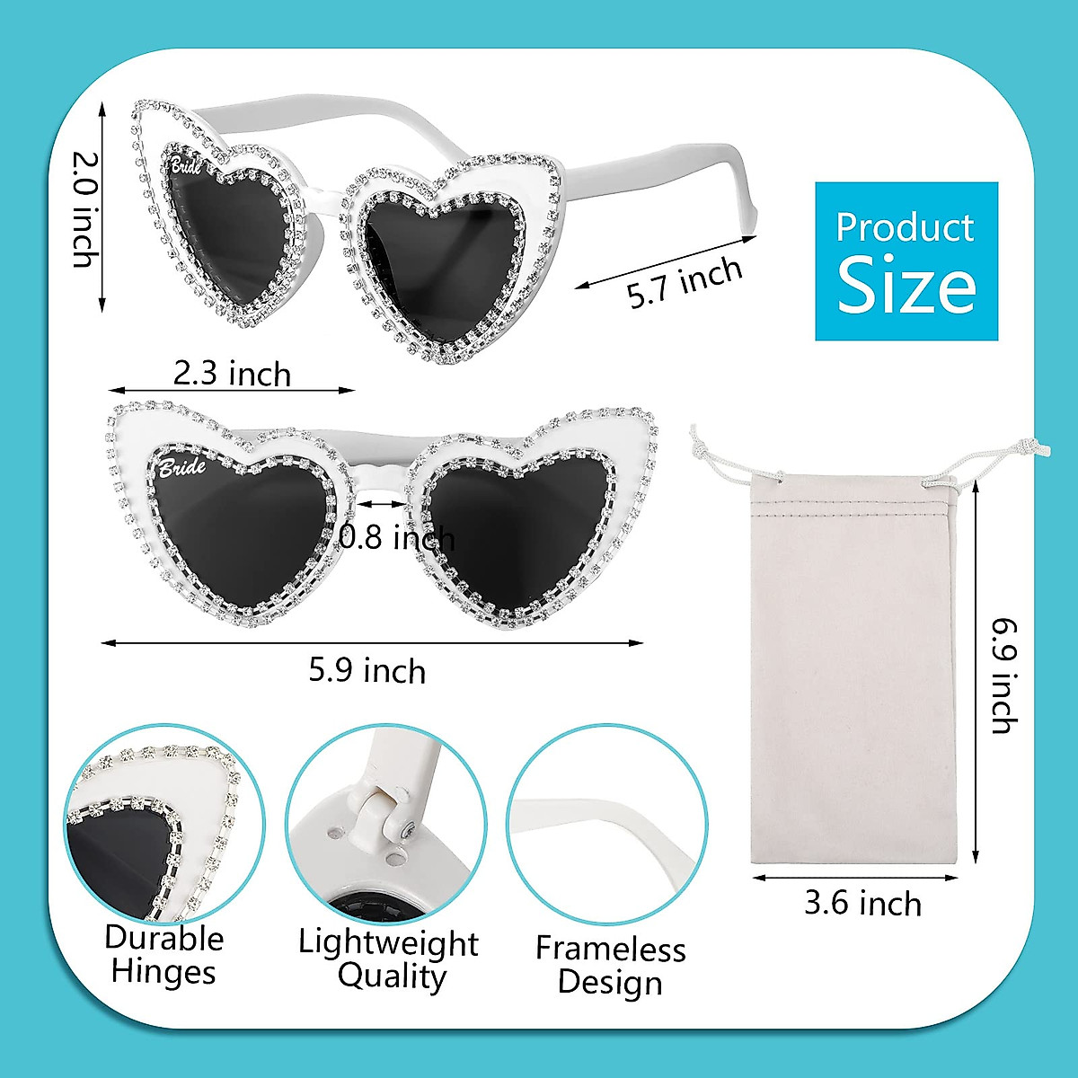 Umigy 3 Pcs Bachelorette Party Bride to Be Straw White Heart Bride Sunglasses with Grey Pouch Bridal Shower Bride to Be Gift for Women Bachelorette Party