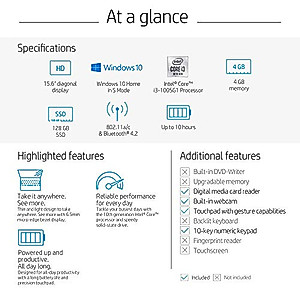 HP 15-dy1024wm 15.6 inches HD i3-1005G1 3.4GHz 4GB RAM 128GB SSD Win 10 Home in S Mode Silver (Renewed)