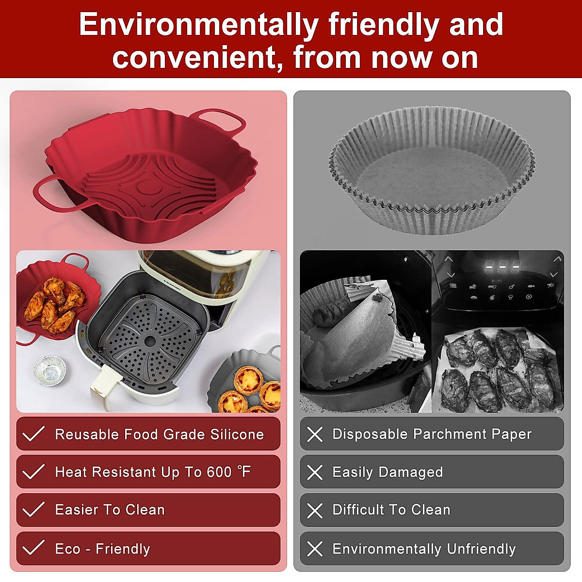 Permanent Warranty 8 Inch Silicone Air Fryer Liner 2 Pack Reusable 100% Food Grade Silicone Air Fryer Liner (Red/Gray)