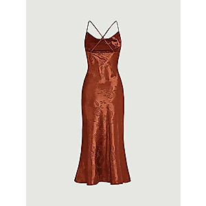 Floerns Women's Spaghetti Strap Cowl Neck Long Slip Satin Silk Midi Dress Rust Brown Floral XS