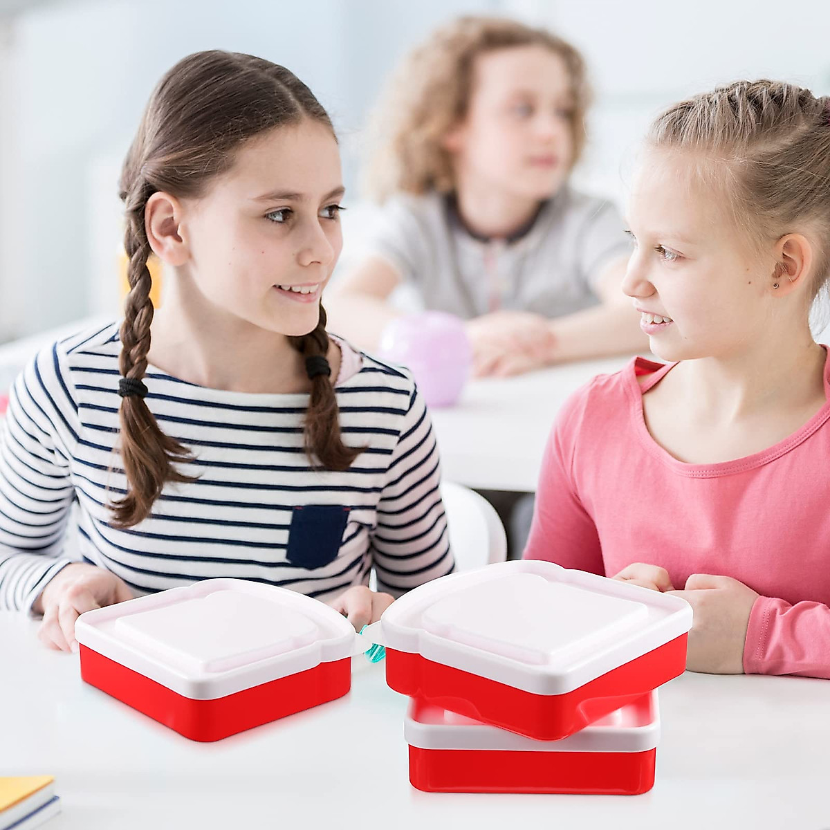 4 Pcs Sandwich Containers Sandwich Box for Lunch Toast Shape Food Storage Reusable Plastic Sandwich Holder Red White Kids or Adult Lunch Box for Bread Snack Meal Food Storage, 14 oz