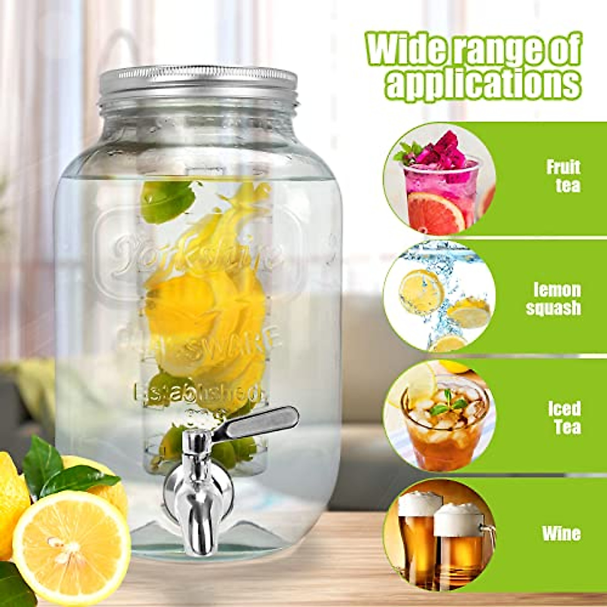 1 Gallon Glass Drink Dispensers For Parties 2PACK.Beverage Dispenser，Drink Dispenser With Stand And Stainless Steel Spigot 100% Leakproof.Glass Drink Dispenser With Ice Cylinder. Lemonade