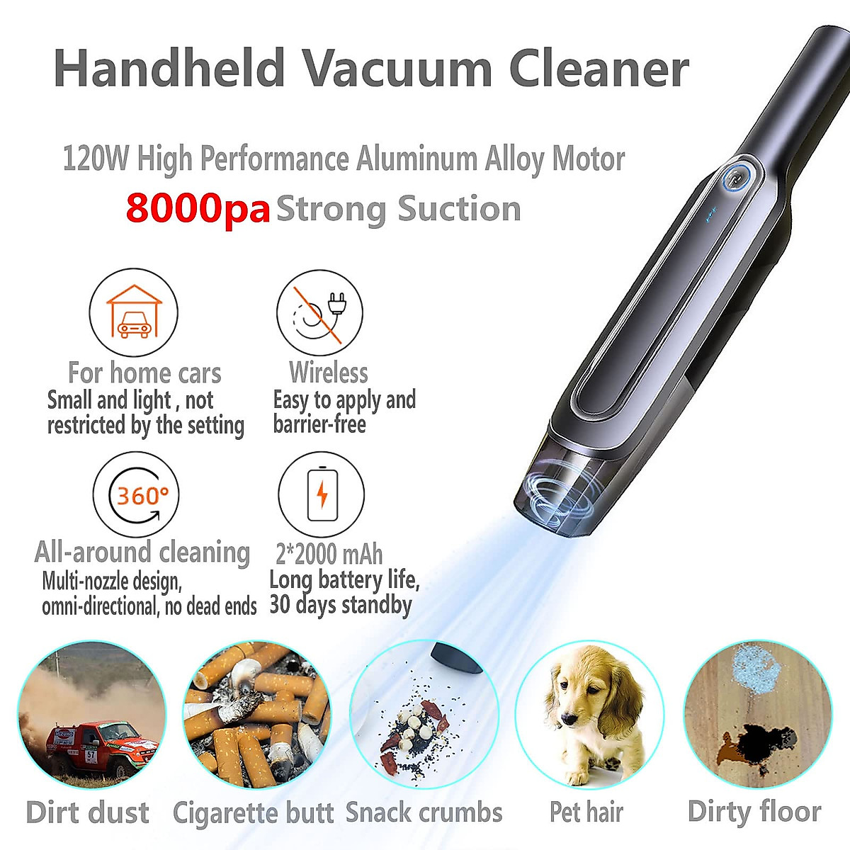 Soarzis Handheld Vacuum Cleaner Cordless, Portable Wet Dry Vacuum Dusbuster 8000pa Strong Suction, Rechargeable Mini Vacuum Cordless for Car Home Carpet Office Pet Hair Cleaning