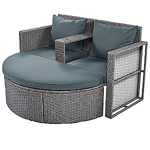 HHOK 2-Piece All-Weather PE Wicker Conversation Sofa, Outdoor Patio Half-Moon Sectional Furniture Set w/Side Table for Umbrella, Suitable for Poolside, Backyard Porch, Rattan+Gray Cushion