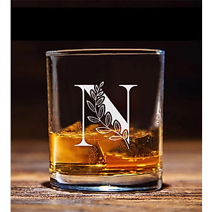 Floral Monogram ' N ' Whiskey Glass - Letter A-Z Engraved - Stemless Whiskey Glass - Gifts For Dad - Mother's Day - Gift For Mom - Gifts For Coworkers