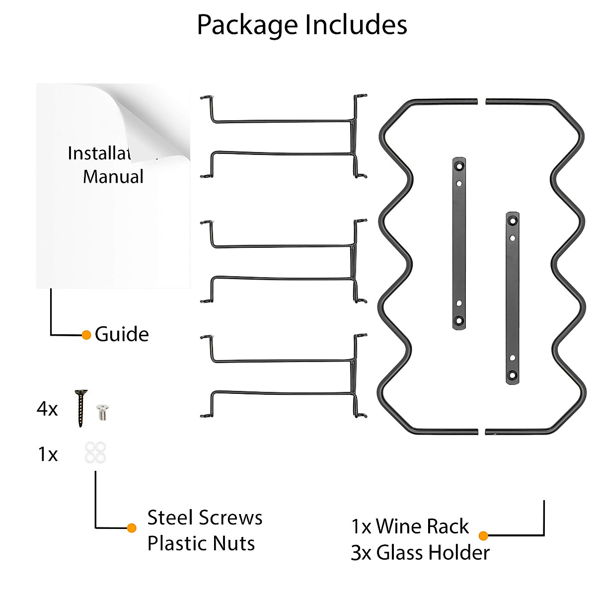 Wallniture Piccola Under Cabinet Wine Rack & Glasses Holder Kitchen Organization with 4 Bottle Organizer Metal Black