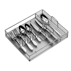 Pfaltzgraff Mirage Frost 45-Piece Stainless Steel Flatware Set with Serving Utensil Set and Metal Storage Caddy, Service for 8
