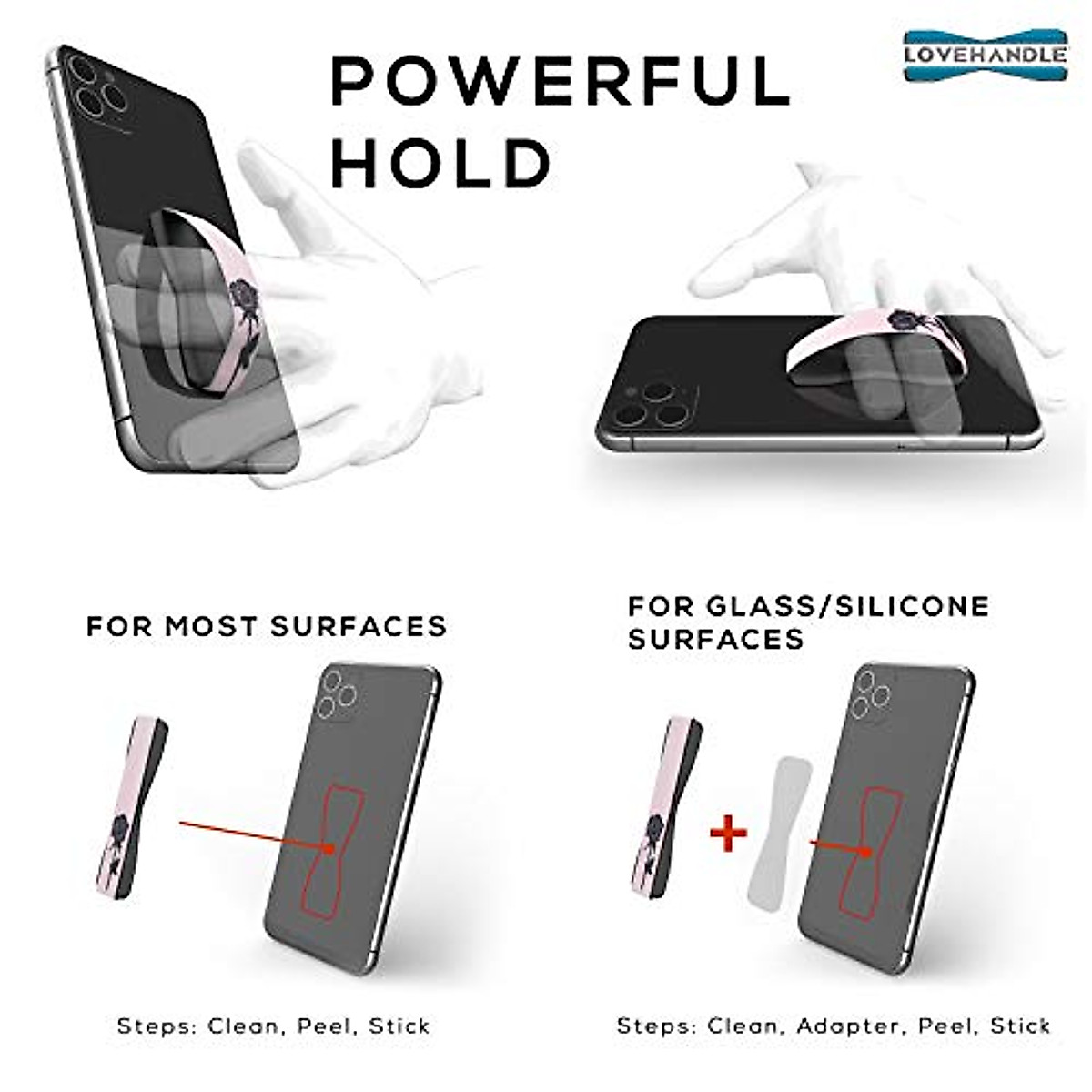 LOVEHANDLE Universal Phone Grip for Most Smartphones, Mini Tablets and Cases, Black Rose Design Colored Elastic Strap with Black Base, LH-01-BlackRose