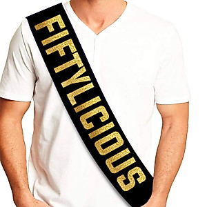 Fiftylicious Black and Gold Glitter Satin Sash - Happy 50th Birthday Party Supplies, Ideas and Decorations