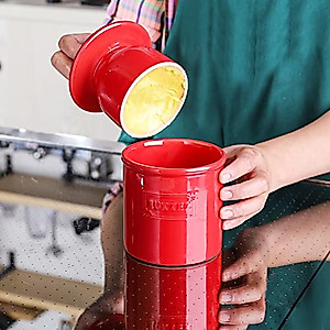 AVLA 2 Pack Ceramic Butter Crock, French Butter Dish with Water Line, Butter Keeper Butter Container for Countertop, Big Capacity, Red