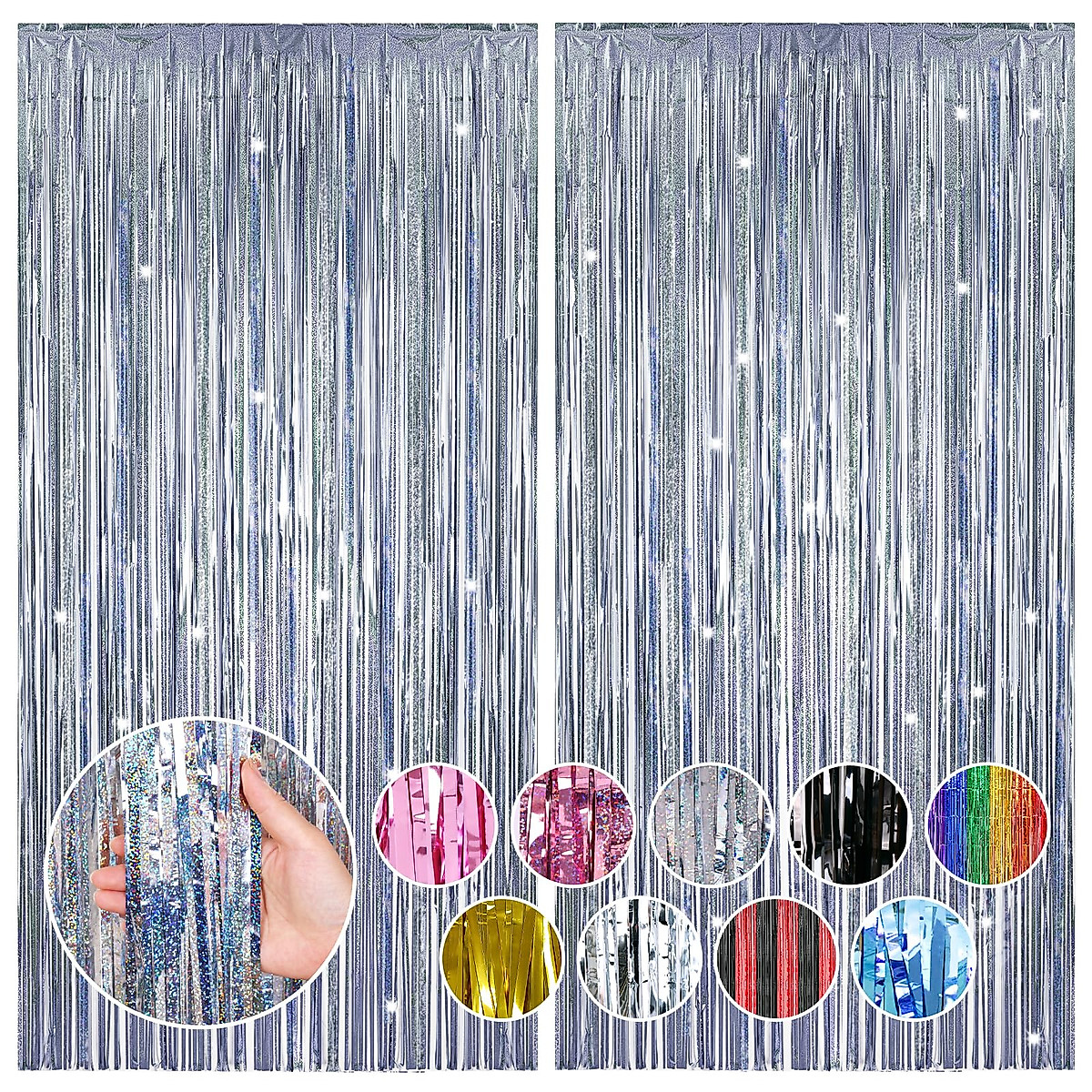 RUBFAC 2 Pack Shimmer Silver Backdrop Party Decorations Foil Fringe Curtains Tinsel Metallic Streamers Photo Booth Streamer for Bachelorette Wedding Engagement Baby Shower Birthday Party Supplies