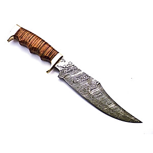 Skokie Knives Custom Hand Made Damascus Steel Hunting Knife Handle Leather Stacked with Brass Spacer (Stacked)