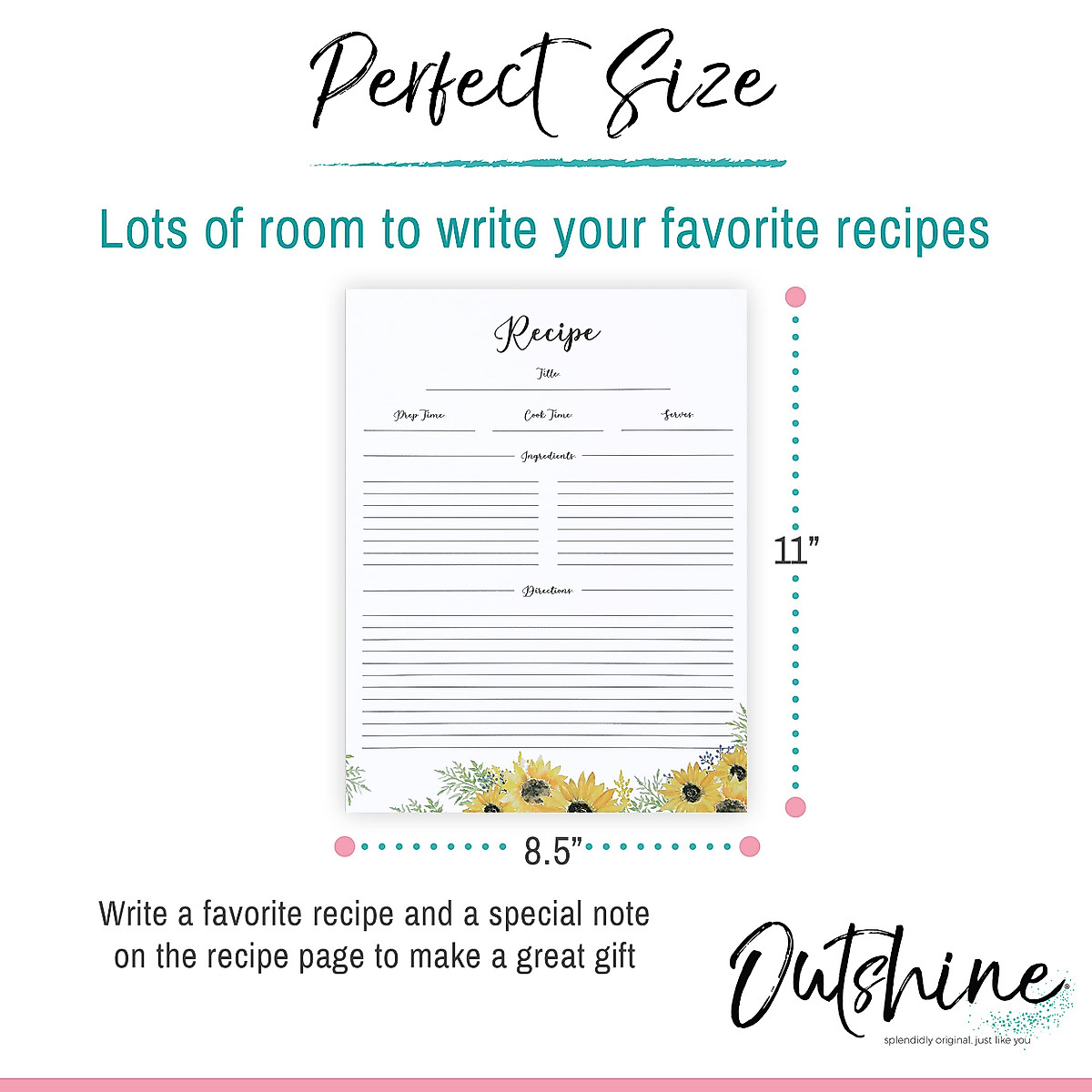Outshine Premium Recipe Paper for 8.5" x 11" Recipe Binders, Sunflower Design (50 Sheets) | Refill Pages for Recipe Binder | No-Smear Matte Paper | Great Gift for Mom, Sister, Daughter, Friend