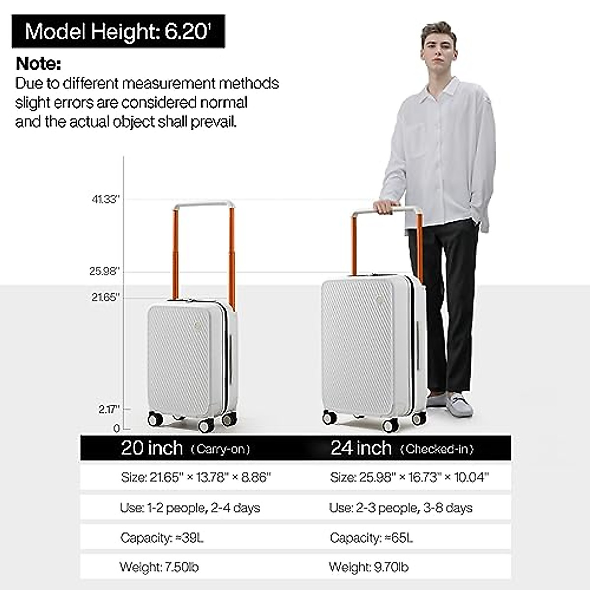 mixi Luggage Suitcases With Spinner Wheels,Upgrade Wide Handle PC Hardshell Rolling Travel Suitcase with TSA Lock, Checked-Medium 24-Inch, Smoke White