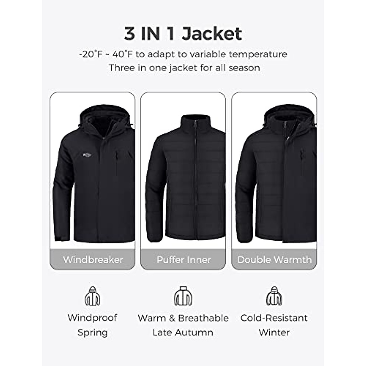 Wantdo Men's Ski Jacket Winter 3 in 1 Coat With Detachable Puffer Coat Black M