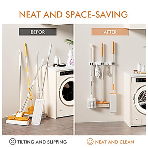 LIGHT DUST Broom Mop Holder Rack - 2 Pack Broom Organizers - Wall Mount Over the Door Mop Hangers with Hooks Slots Combination - Hanging Grip for Household Supplies Storage Organization (White)